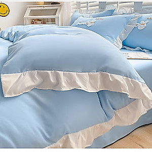 Lace Duvet Cover Set Queen, Soft Breathable Washed Cotton 4 Piece Bedding Set, Cute Princess Style Towel Embroidery Bed Sheets Set, with Zipper Closure,Yellow 3,Twin XL