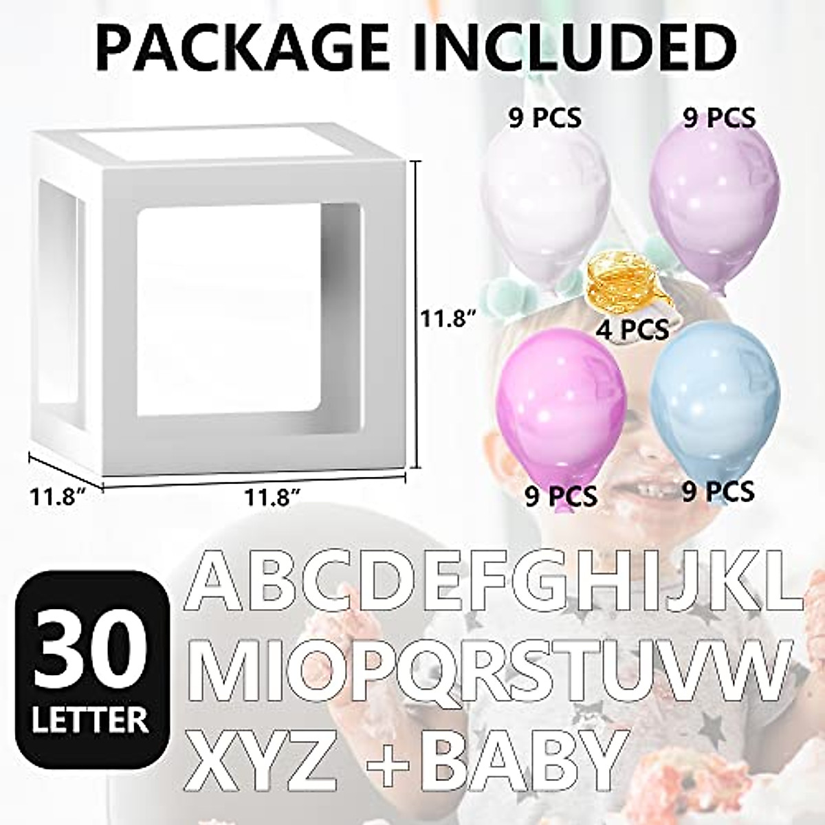 Uptotop 4 Pcs Baby Boxes with 30 Letters and 36 Balloons and 4 fairy string lights, for Baby Shower Gender Reveal Girl Boy Blocks Birthday Party Balloon Box Decorations(A-Z + BABY) 