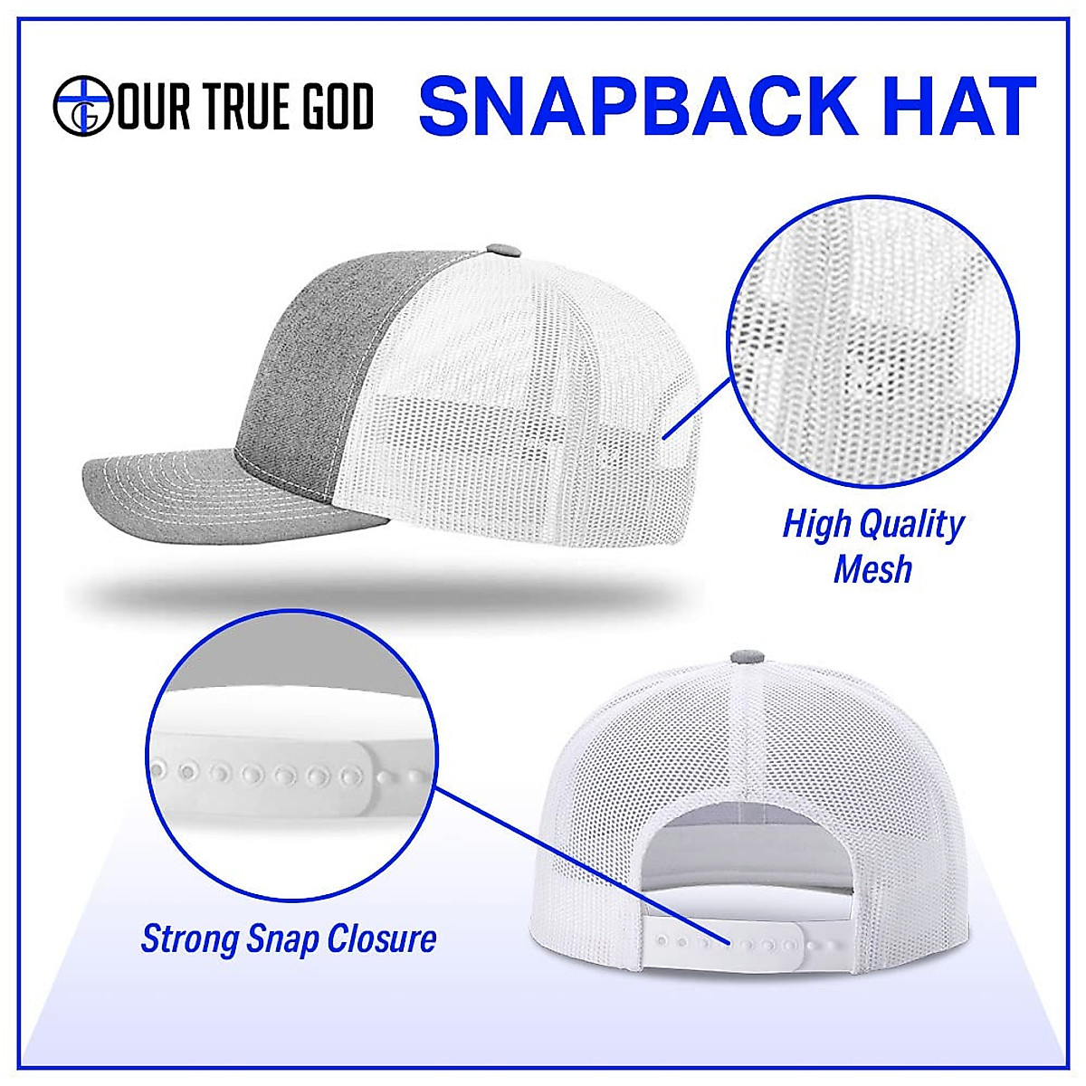Nail Cross Christian Trucker Hat - Adjustable Fit Cotton Snapback Hat - Breathable Mesh Side for Casual Wear (Heather Front/White Mesh)