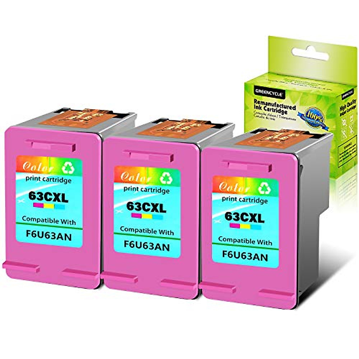 greencycle Re-Manufactured 63XL 63CXL Ink Cartridge Compatible for HP Envy 4520 4510 4528 OfficeJet 4650 4658 3830 5255 5258 DeskJet 1110 2136 3636, with New Version chip (Tir-Color, 3 Pack)