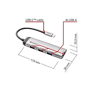 Verbatim USB-C Multiport Hub, USB C Adapter Made Aluminum for Laptops MacBooks and Smartphones, Multimedia Adapter Plug with Four USB 3.2 Gen 1 Ports, Silver