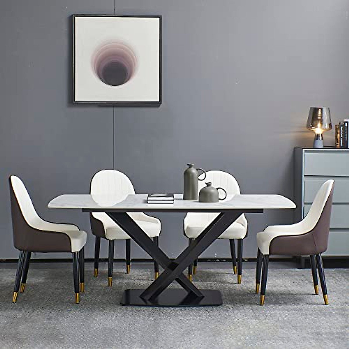 Marble Top Dining Table for 4-6, 63" Metal Frame Furniture Kitchen Table with Sintered Stone Tabletop and X-Base, Modern Mid-Century Dining Table(1 Pc Table(Black))