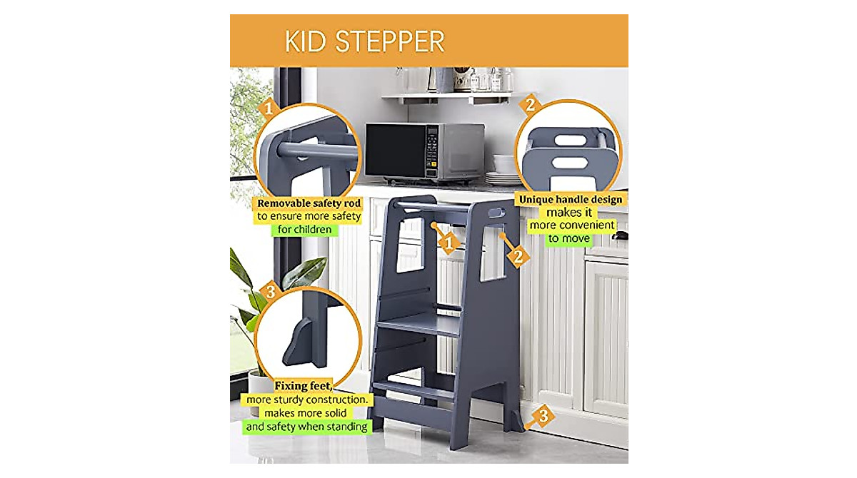 Kids Wooden Kitchen Step Stool - Adjustable & Safe for Toddlers