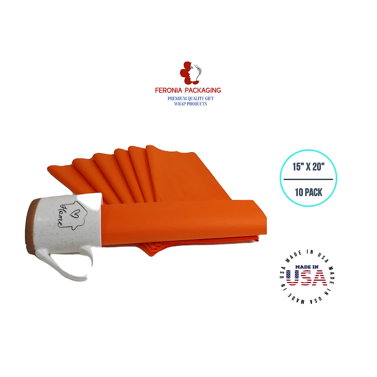 Orange Tissue Paper Squares, Bulk 10 Sheets, Premium Gift Wrap and Art Supplies for Birthdays, Holidays, or Presents by Feronia packaging, Large 15 Inch x 20 Inch Made in USA