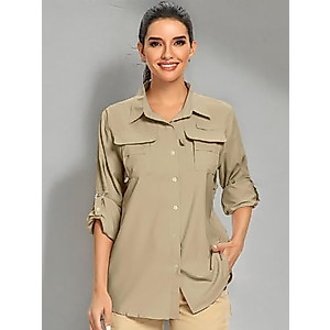 linlon Women's UPF Long Sleeve Fishing Shirts Button Up Hiking Safari Shirts Sun Protection and Quick Dry,Khaki,M