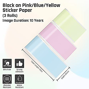 BeneCharm Colorful Self-Adhesive Thermal Paper, Glossy Sticker Paper for Vetbuosa Portable Picture Mobile Printer, Black on Pink/Blue/Yellow, 57mm x 3.5m, Diameter 30mm, 3-Roll