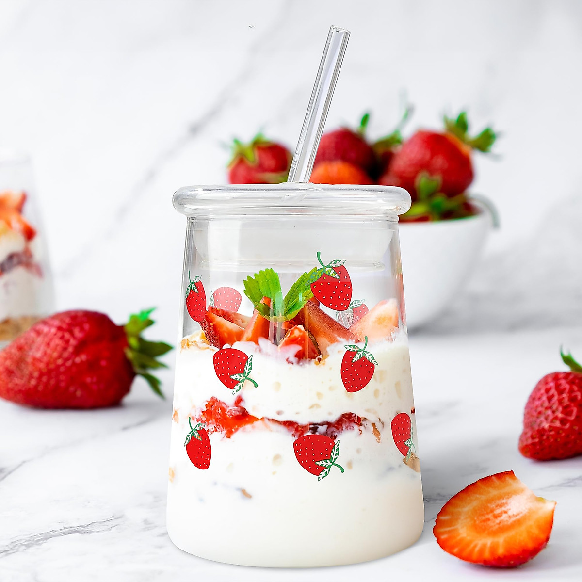 Joeyan Glass Tumbler with Lid and Straw,Iced Coffee Cups with Red Strawberries Pattern,Clear Cute Drinking Jars,Water Juice Beverages Soda Glasses,20 oz