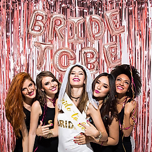 EFAILY Bachelorette Party Decorations - Rose Gold Bridal Shower Party Decor and Supplies Kit Bride To Be Sash, Veil, Temporary Tattoos, Confetti Balloons Pack Fringe Curtain.
