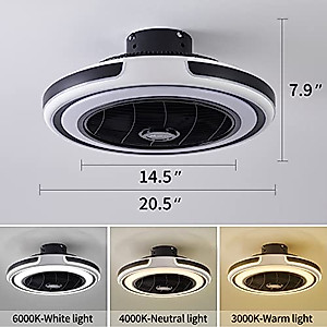 HuixuTe 21 in Modern Ceiling Fan with Light Remote Control, 3 Colors 3 Speeds Enclosed Ceiling Fan, Low Profile Fush Mount Ceiling Fan with Light for Bedroom Living Room