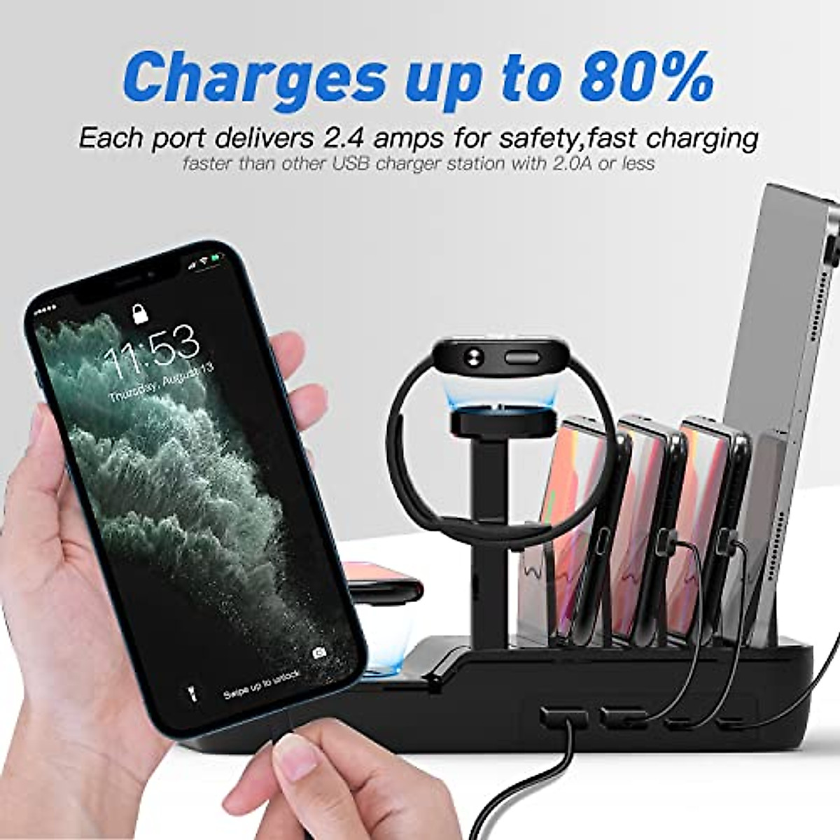Charging Station, Multiple Devices Charging Station for iPhone, 2 USB & 2 TypeC Ports and One Wireless Charging, Including 4 Charging Cables, One Apple Watch Holder, Safety Charging IC
