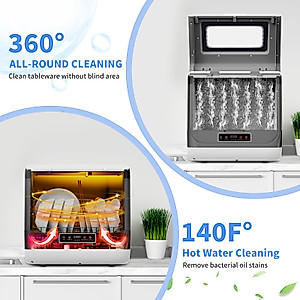 Wsky Countertop Dishwasher, 4 Washing Programs Portable Dishwasher,360° Dual Spray With Disinfection and Residual Temperature Drying Function 9-Liter External Water Tank for Home, Apartments& RVs