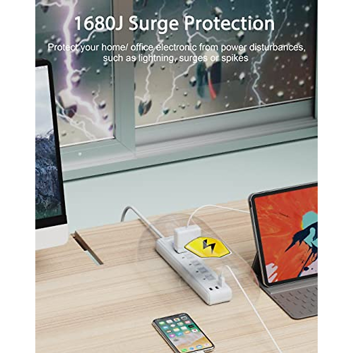 2 Prong Power Strip, WRXDMC 2 Prong to 3 Prong Outlet Adapter, 5ft Extension Cord with Polarized Plug, 1680J Surge Protector, 5 AC Outlets & 3 USB, Wall Mountable, Ideal for Non-Grounded Outlets