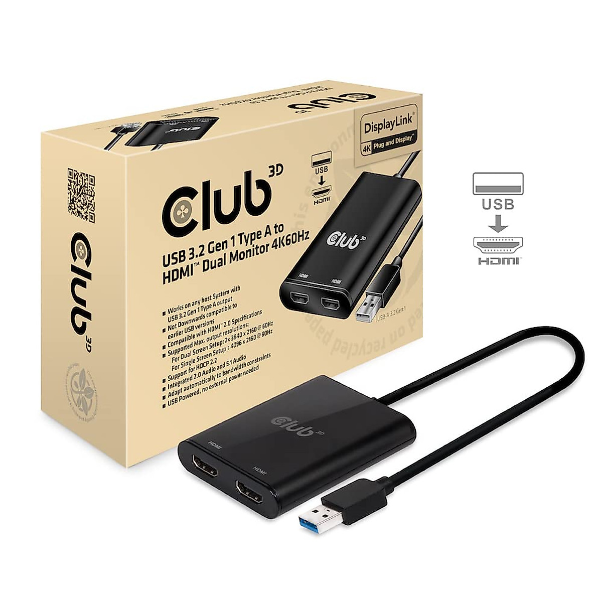 Club3D CSV-1474 USB 3.2 Gen1 Type A to HDMI Dual Monitor 4K60Hz