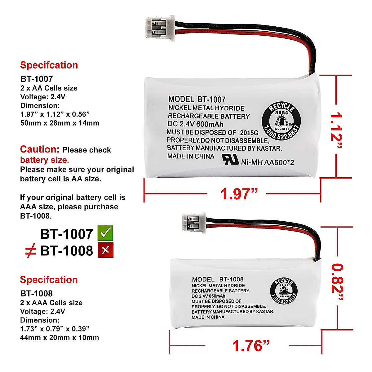 New! Genuine Uniden BBTY0651101 BT-1007 NiMH 600mAh DC 2.4V Rechargeable Cordless Telephone Battery (2-Pack)