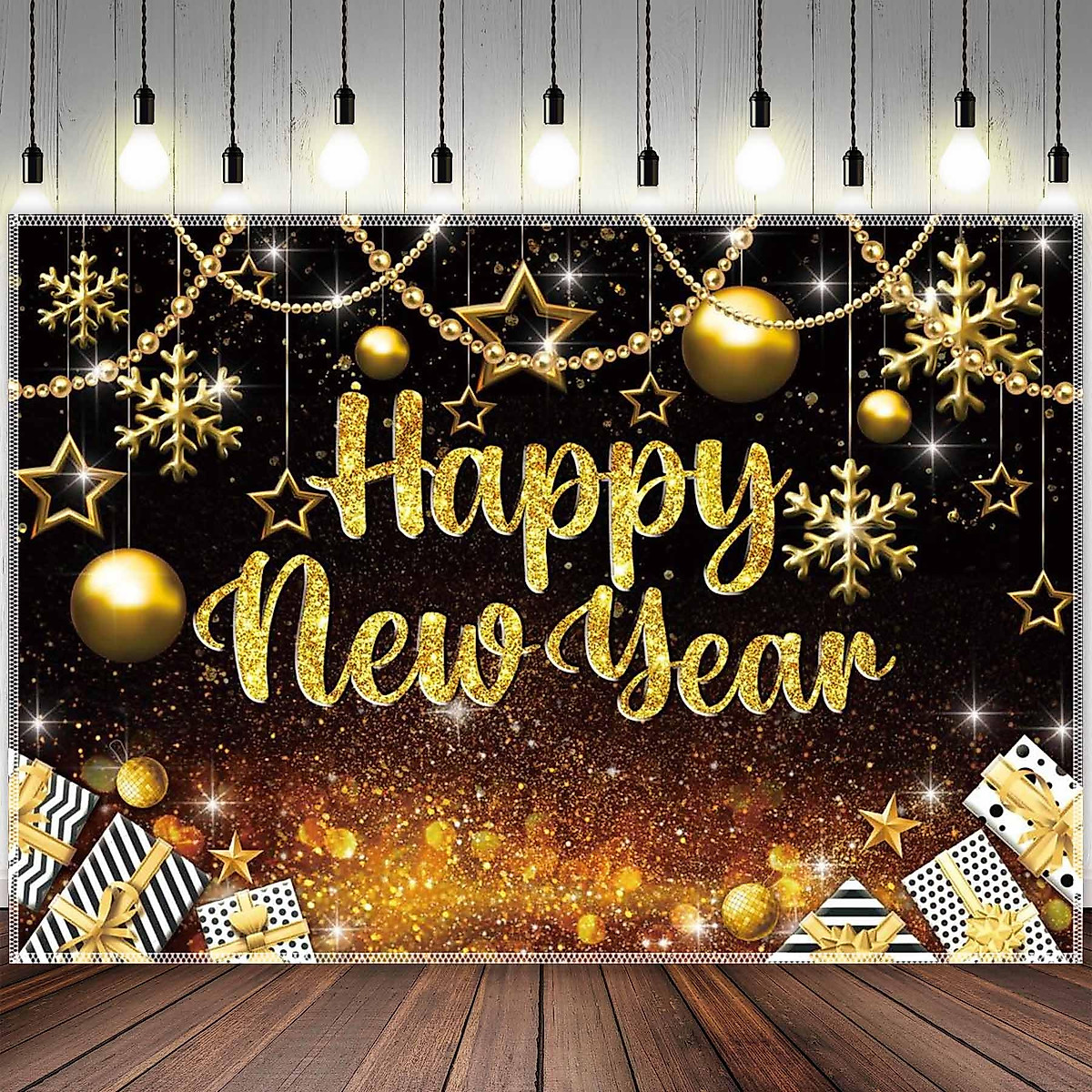 Swepuck 8x6ft Black and Gold Happy New Year Backdrop Hello 2025 Kiss Me at Midnight Photography Background Cheers to The New Year Eve Party Decoration Supplies Photo Booth Props
