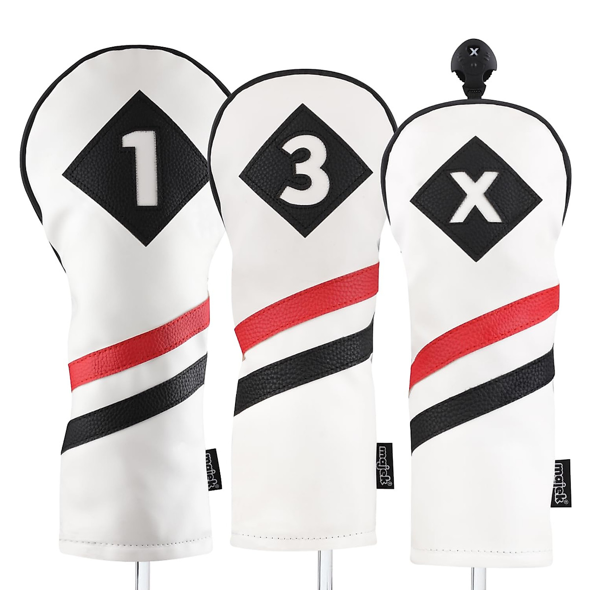 Majek Retro Golf Headcovers White Red and Black Vintage Leather Style 1 3 X Driver Fairway Woods Head Cover Classic Look