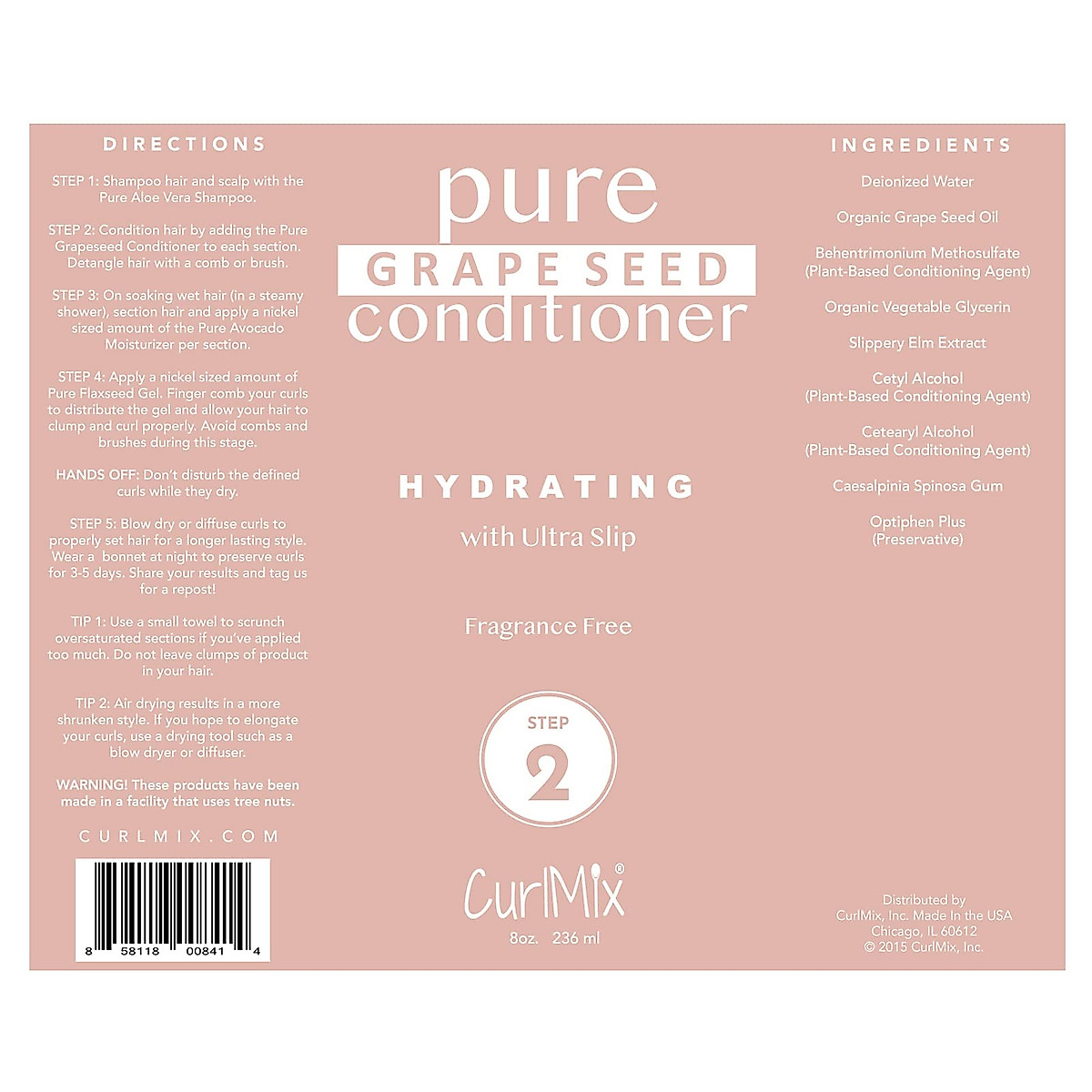 CurlMix Organic Grape Seed Conditioner for Curly Hair, Fragrance-Free - Softens & Defines Kinky, Coily, 4C Natural Hair, Handmade, Paraben Free, Sulfate Free - 8oz