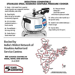 HAWKINS Hawkins Stainless Steel Contura Induction Compatible Pressure Cooker, 5 Litre, Silver (SSC50), Medium