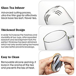 Lezero Glass Tea Infuser Cups with Strainer and Lid, 15 ounce Heat Resistance Borosilicate Glass Teacups for Blooming Tea & Loose Leaf Tea, Lead-free, Microwave & Dishwasher Safe - For Tea Lovers