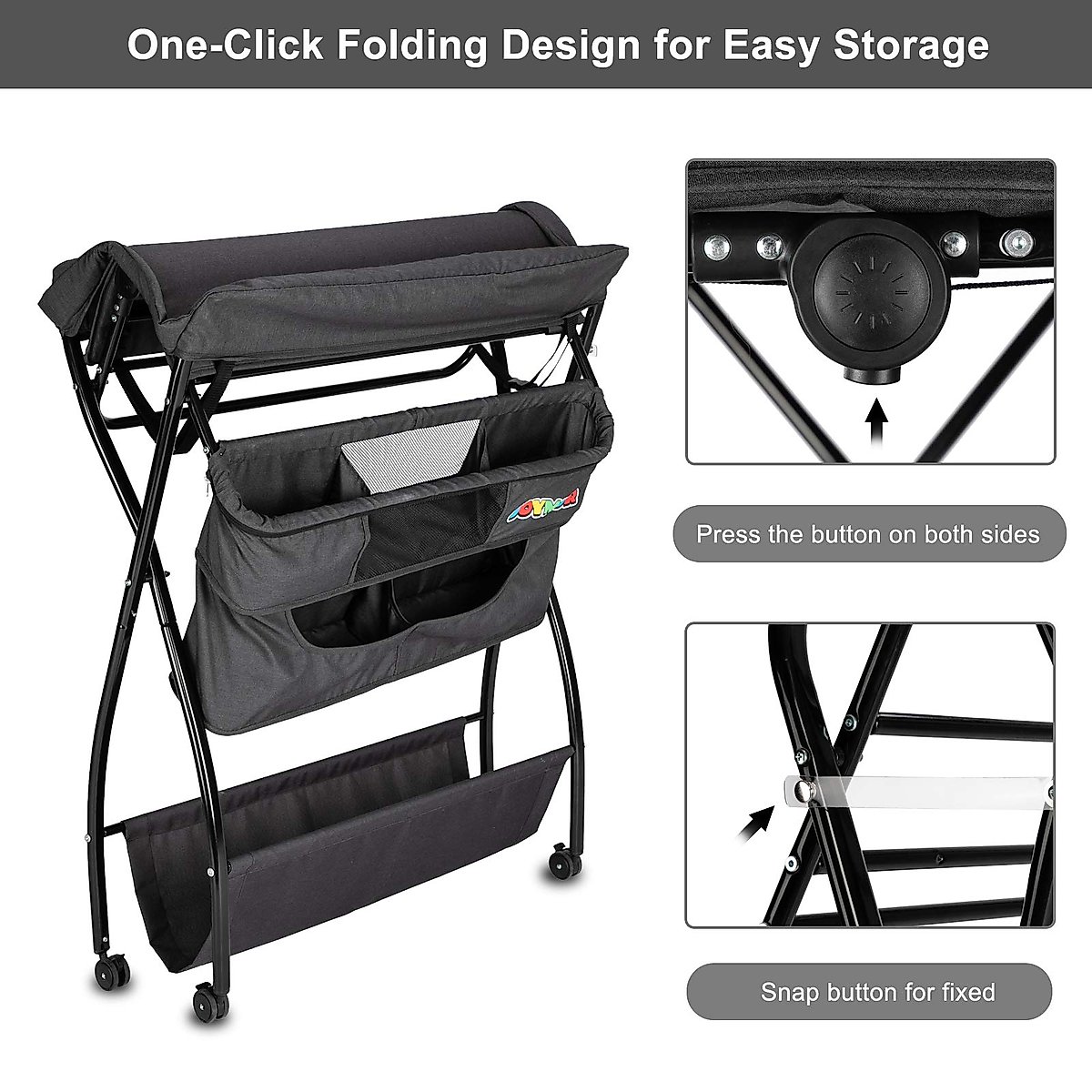 JOYMOR 2-in-1 Folding Baby Changing Table, Moblie Diaper Table for Infant, Portable Diaper Changing Station with Wheels, Large Storage Basket ＆ Shelf Portable Nursery Organizer