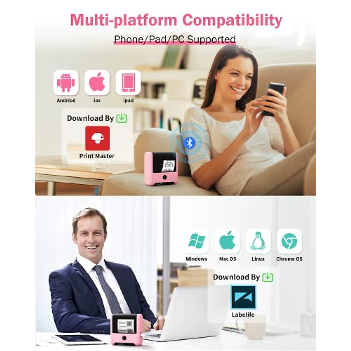 Phomemo Label Makers- M200 Label Printer Machine with 3 Paper,2023 Upgrade 3 Inch M110 Label Maker,WiFi Bluetooth Thermal Label Printer,Phone Support,for Android iOS System,for Shipping,Labeling- Pink