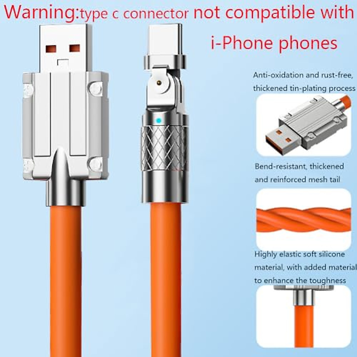 Chubby USB C Cable,180° Rotating USB C Charger Cable,USB A to USB C Charging Cable,Orange,3.3ft,Compatible with Samsung Galaxy S10,Note 9,A11,Moto Z2 (not Compatible with i-Phone)