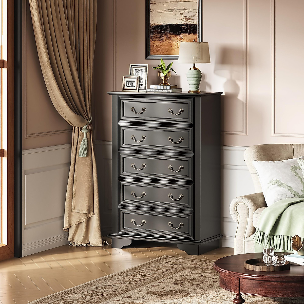 WLIVE Dresser TV Stand, Entertainment Center with Fabric Drawers, Media Console Table with Open Shelves for TV up to 45 inch, Storage Drawer Unit for Bedroom, Living Room, Black and Rustic Brown