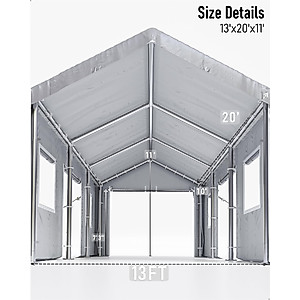 VORTEXTOVE Carport 13 x 20 ft, Portable Garage with 4 Roll-up Windows and 4 Doors for All Season, Reinforced Frames, for Sedans and Trucks, Gray