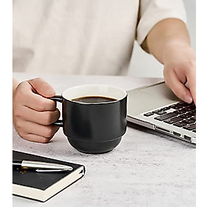 YHOSSEUN Porcelain Stackable Coffee Mug Set With Rack, Demitasse Cups with Espresso Spoons, 11 Oz For Coffee Drinks, Latte, Macchiato, Cafe Mocha Set of 4,Black