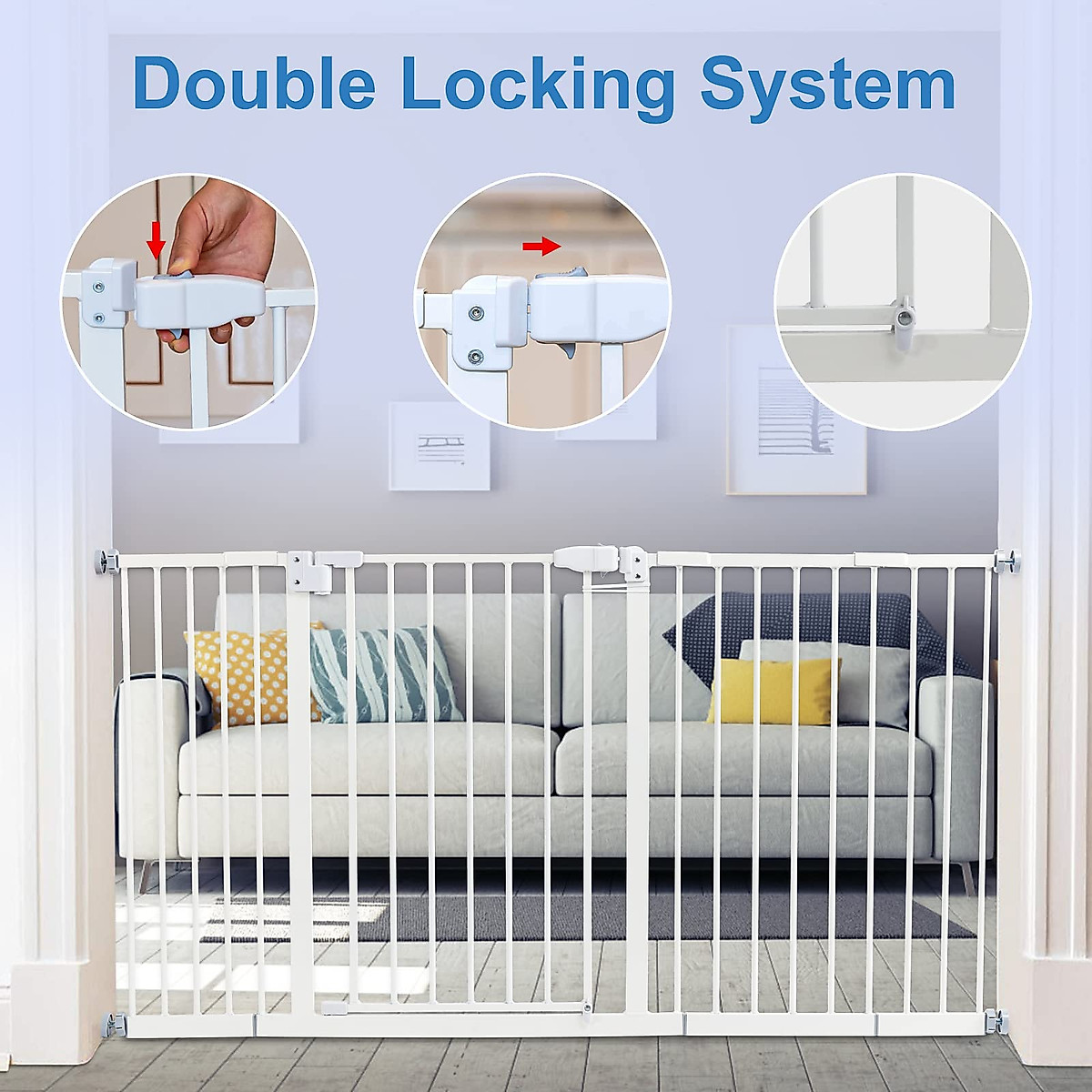 Kinfant Extra Wide Baby Gate - 58-Inch White Doorway & Stair Gate, Tall & Adjustable Extension Pressure Pet Gate, with Extension Kit, Pressure Mount Kit, Wall Cups