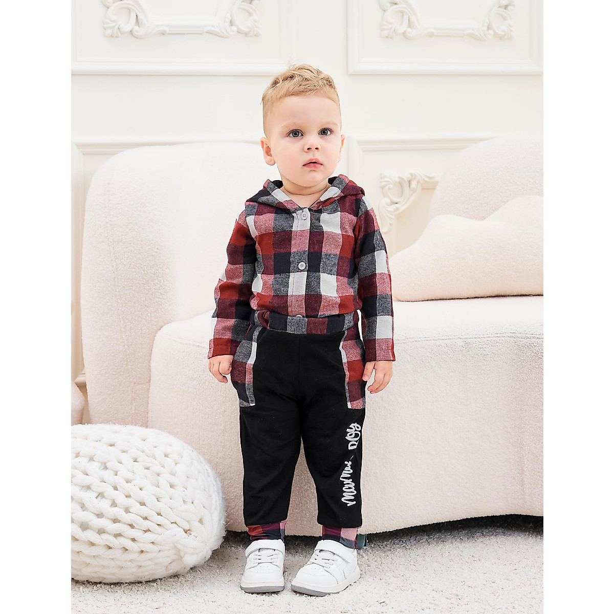 Fuermos Newborn Infant Baby Boy Clothes Plaid Button Long Sleeve Hoodies Romper+ Mama's and Boy Pants Outfits Set