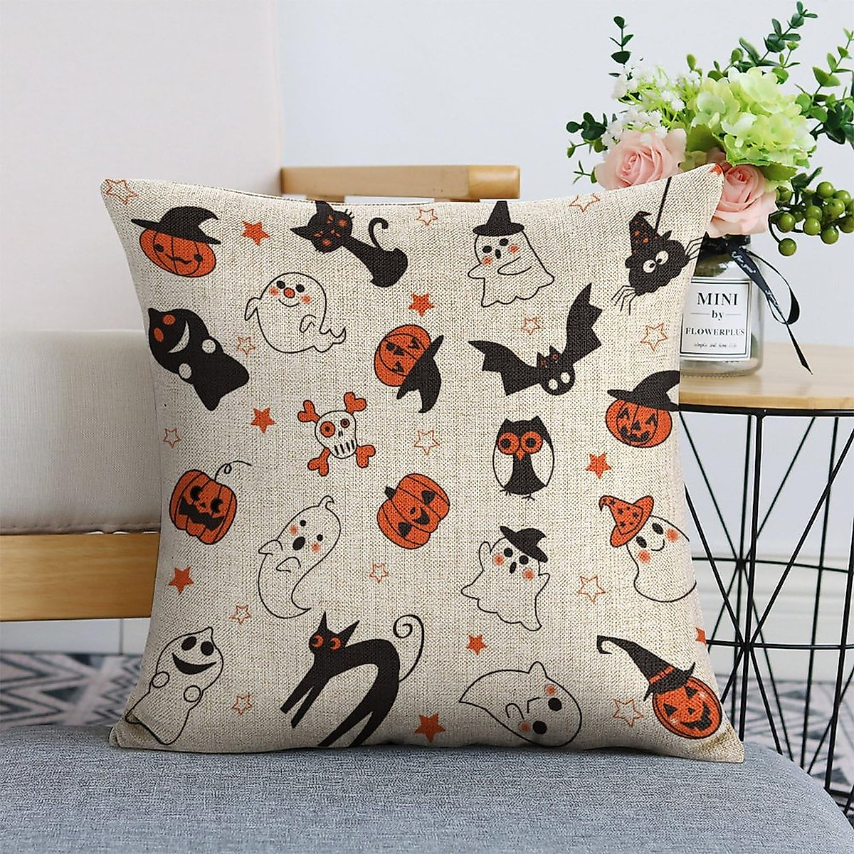 Halloween Ghosts Pattern Throw Pillow Covers 18×18 Pillowcases Set of 2 Cartoon Style Linen Decorative Square Pillow Case Cushion Covers Standard Size for Sofa Couch Outdoor Bed Pillow Protectors