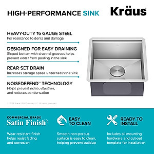KRAUS Kore 17-Inch Undermount Workstation 16 Gauge Single Bowl Stainless Steel Bar Kitchen Sink with Accessories, KWU111-17