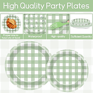 96 Pcs Sage Green Party Decorations Green Gingham Checkered Theme Tableware Set Green Plaid Plates Napkins Forks for Baby Shower Table Dinnerware Kids Boys Birthday Party Supplies 24 Guests