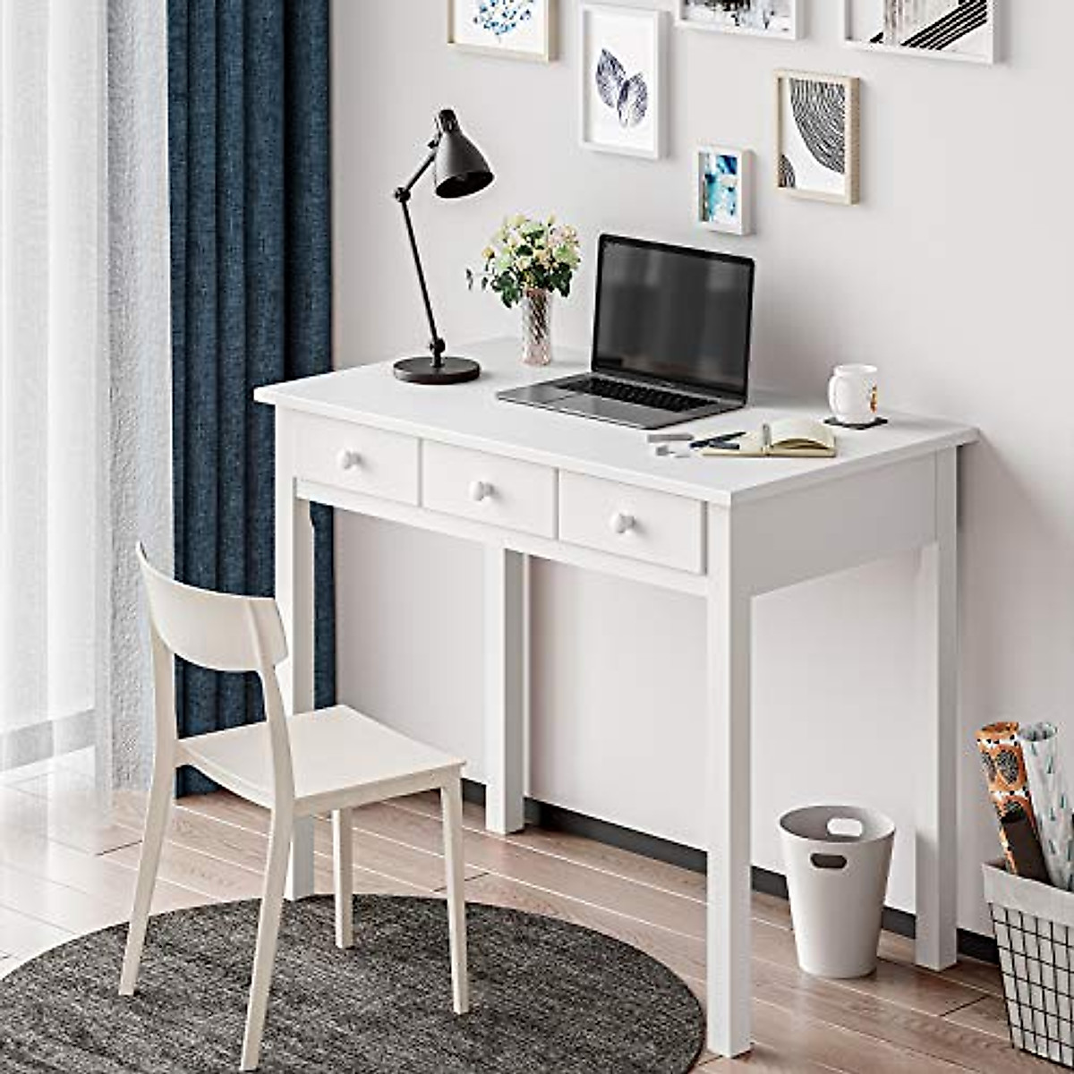 ADORNEVE Writing Desk with 7 Drawers, Home Office Desk with Hutch,Student Desk Study Table, Small White Desk, Solid Pine Wood Legs