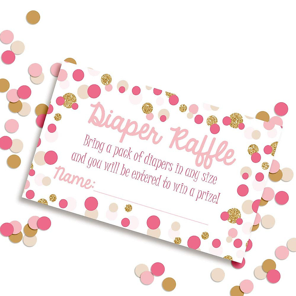Polka Dot Pink & Gold Themed Diaper Raffle Tickets for Girl Baby Showers, 20 2" X 3” Double Sided Insert Cards for Games by AmandaCreation, Bring a Pack of Diapers to Win Favors & Prizes!