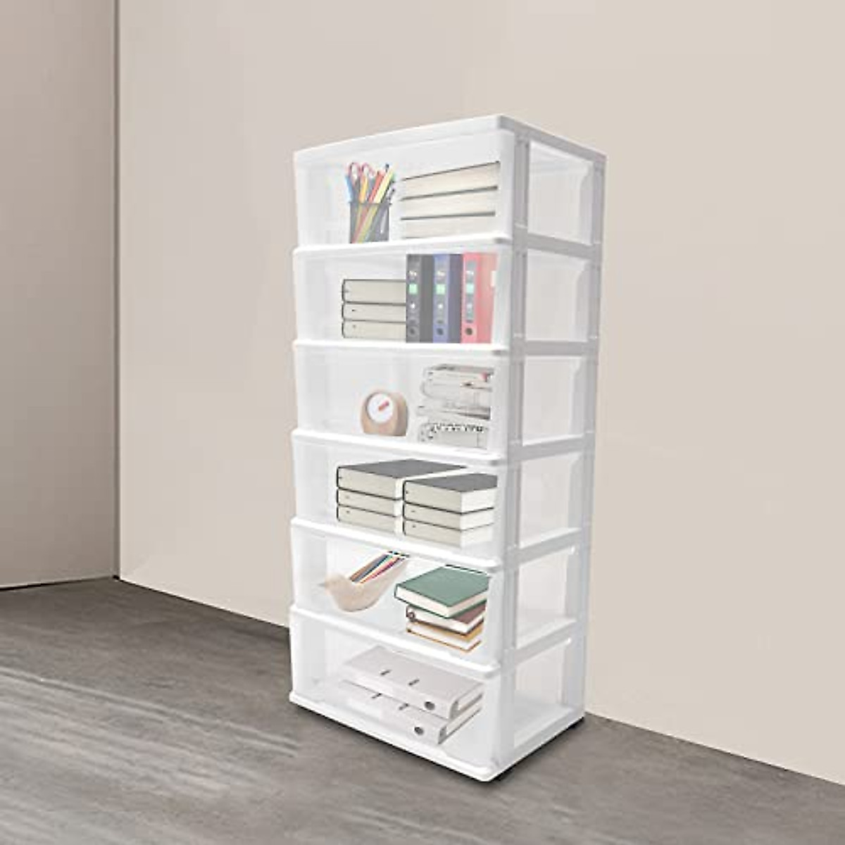 6 Tier Stackable Storage Drawer Rolling Storage Cart Plastic Drawer Organizer Foldable File Storage Cabinet for Office, Dorm, Desk, Countertop, Living Room (White+Clear)