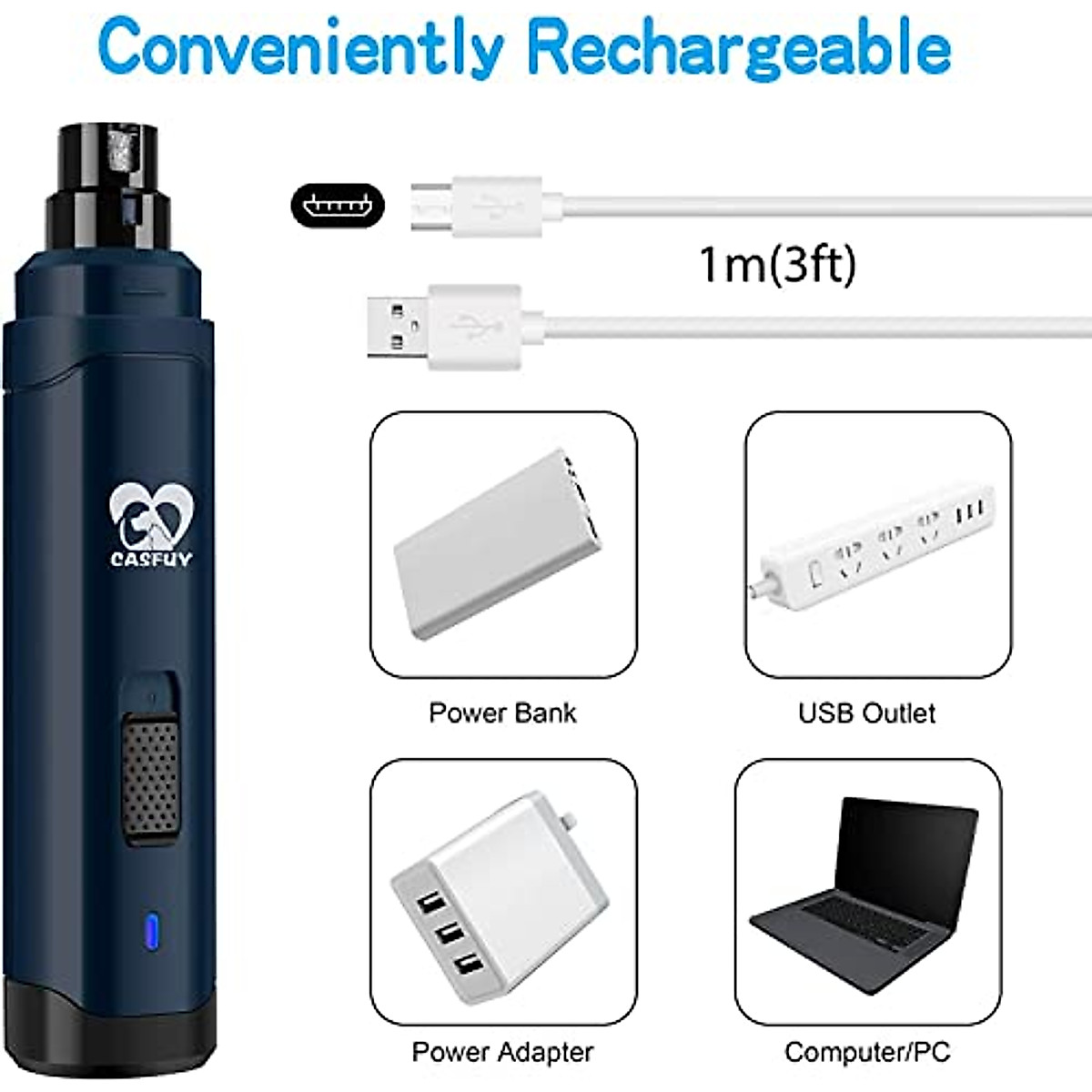 Casfuy Dog Nail Grinder Upgraded - Professional 2-Speed Electric Rechargeable Pet Nail Trimmer Painless Paws Grooming & Smoothing for Small Medium Large Dogs & Cats (Dark Blue)