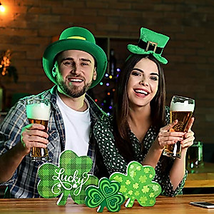 Whaline 3Pcs St. Patrick's Day Wooden Signs Green Plaid Shamrock Table Ornament Lucky Clover Double-Side Print Table Centerpieces Irish Holiday Table Centerpieces for Home Fireplace Tiered Tray Decor