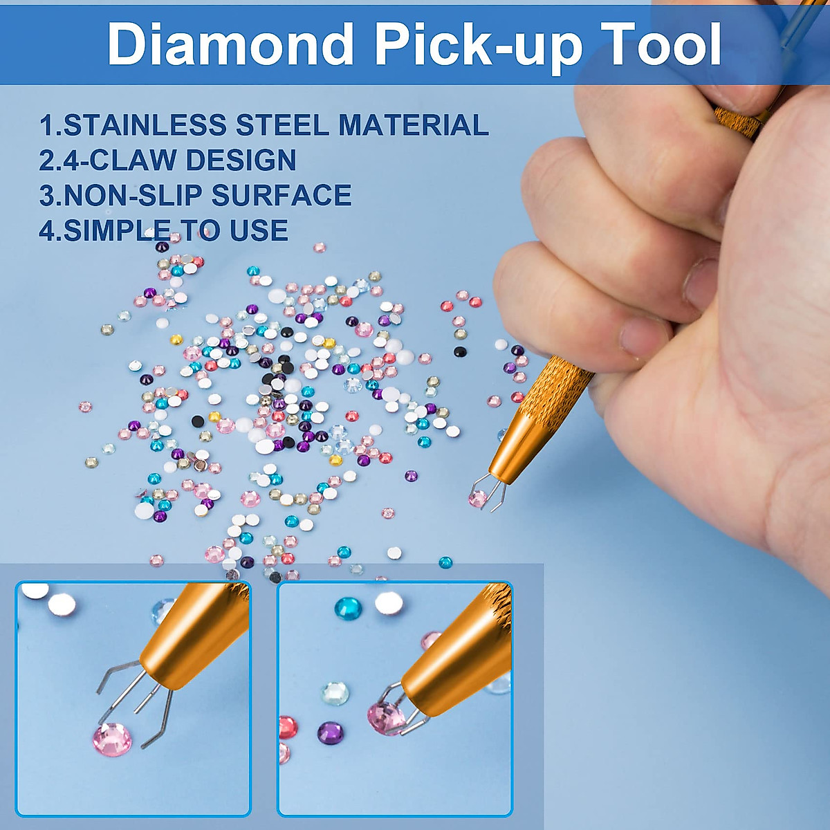 ANCIRS 3 Pack Stainless Steel 4-Claw Pick up Tool for Small Parts Pickup, 4 Prongs Grabber for Tiny Objects in Home, Office - IC Chip, Electronic Components, Nails Clamping- Gold & Silver & Blue