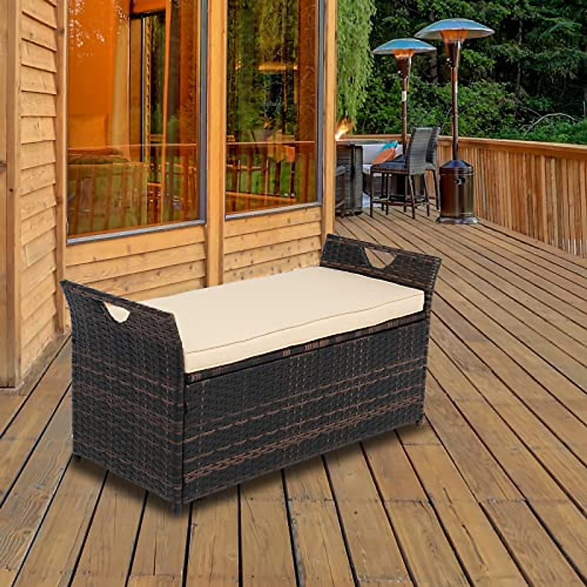 VINGLI 40 Gallon Outdoor Storage Bench with Cushion, Rattan Storage Box, Patio Wicker Deck Box with Seat for Garden | Balcony | Porch | Pool | Yard (Brown Frame + Beige Cushion)