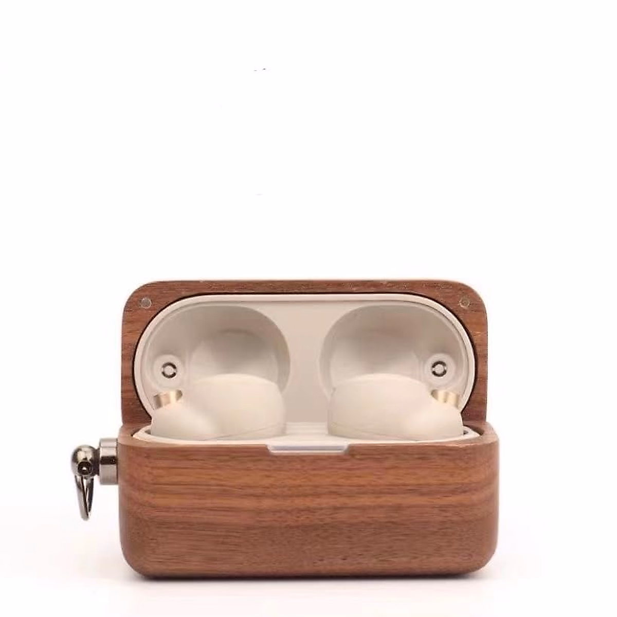 Handmade Nature Wooden Genuine Real Wood Protective Case Cover with Carabiner Compatible with Sony WF-1000XM4(Walnut)