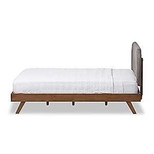 Baxton Studio Penelope Mid-Century Modern Solid Walnut Wood Grey Fabric Upholstered Full Size Platform Bed