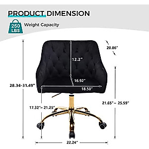 SSLine Elegant Velvet Desk Chair for Girls Women Modern Swivel Office Computer Chair on Wheels Cute Vanity Chair Leisure Chair w/Arm for Home Study Living Room (A Type-Black&Gold)