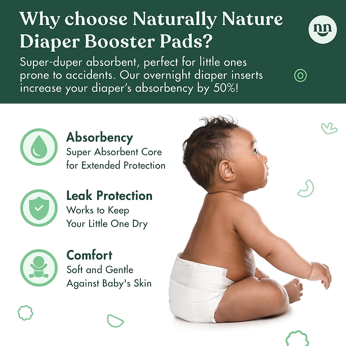 Naturally Nature Overnight Diaper Doubler Booster Pads with Adhesive (96 Count) for Pull-on & Regular Diapers | Nighttime Leak Protection for Heavy Wetters, Diaper Liners for Boys & Girls