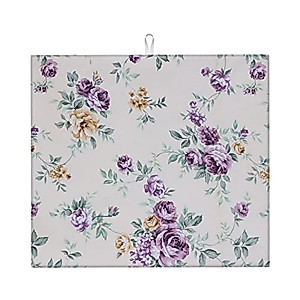 Purple Pink Flower Printed Drying Mat For Kitchen Ultra Absorbent Microfiber Dishes Drainer Mats Non-Slip Silicone Quick Dry Pad - 18 X 16inch