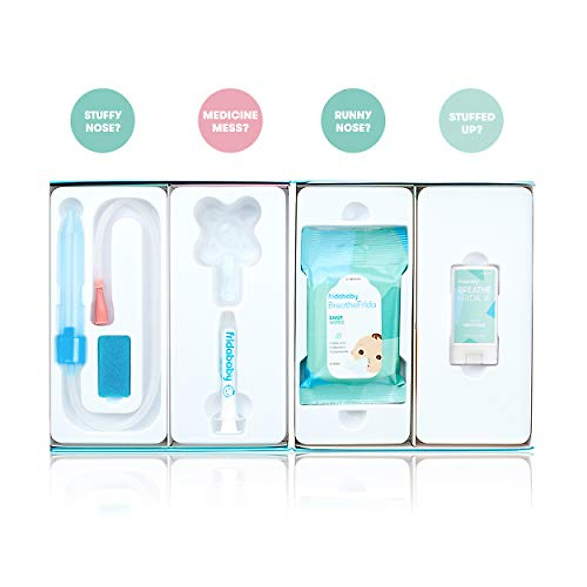 Frida Baby Sick Day Prep Kit - Includes NoseFrida Nasal Aspirator, MediFrida Pacifier Medicine Dispenser, Breathefrida Vapor Chest Rub + Snot Wipes. Soothe Stuffy Noses for Babies with A Cold