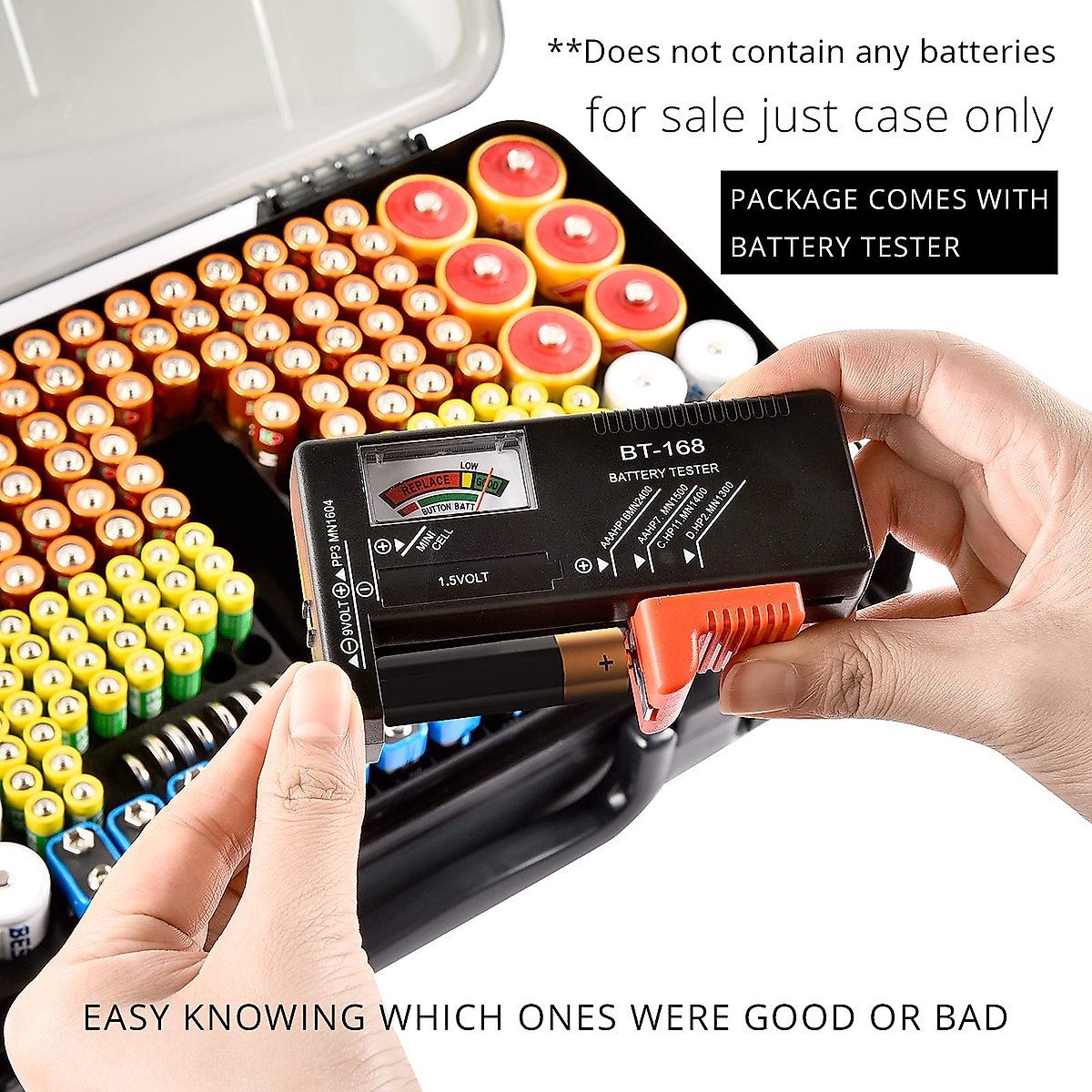 Aptbyte Battery Organizer Storage Holder Box Case with Tester- 269 Batteries Double-Sided Variety Pack, Holds AA AAA 4A C D Cell 9V 3V Lithium LR44 CR2 CR123 CR1632 18650 Button- Grey