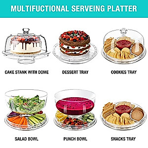 Masthome Cake Stand with Demo Cover, 6 in 1 Multi-Functional Serving Platter Display Stand for Christmas Wedding Party, Acrylic Cake Plate/Salad Bowl/Dessert Platter, BPA-Free, Send 1 Fork and 1 Spoon