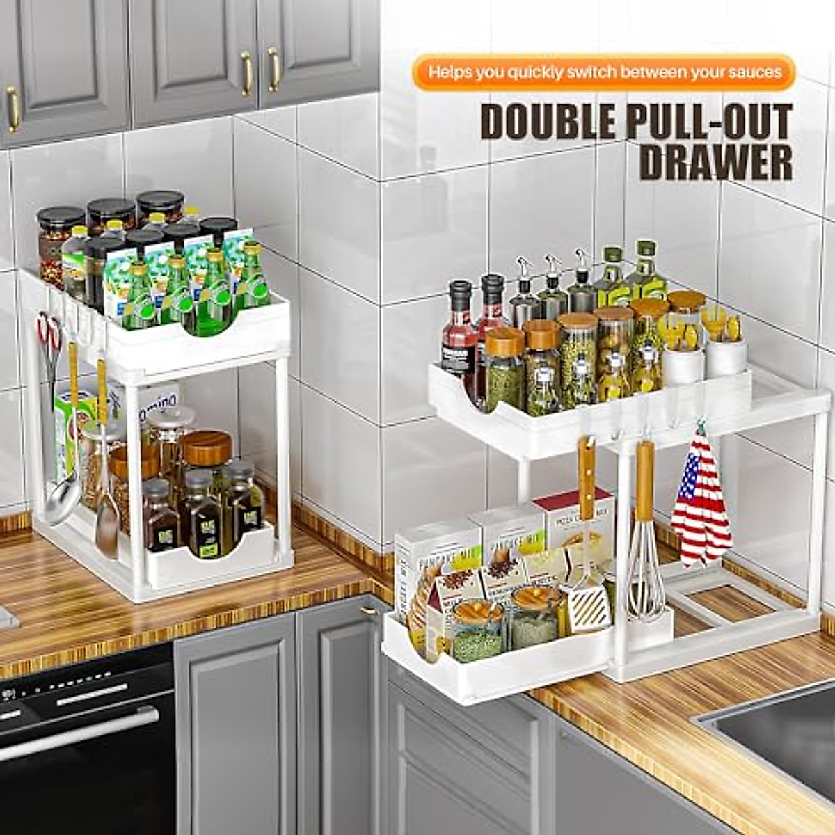 2 Pack Under Sink Organizer，Bathroom Cabinet Organizer, 2 Tier Sliding Cabinet Organizer Drawer with 8 Hooks Pull Out Cabinet Organizer Multi-Purpose Organizer for Bathroom Kitchen (White x 1)